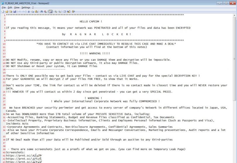 Ragnar Locker Ransomware steals 1TB from Capcom